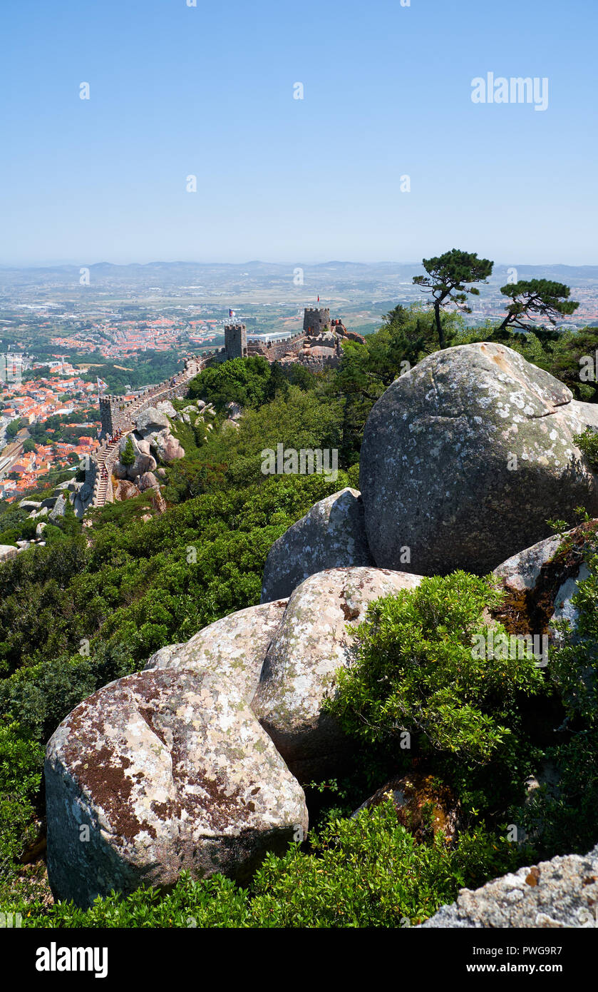 The view from the Royal tower on the top of the Sintra mountains to the ...