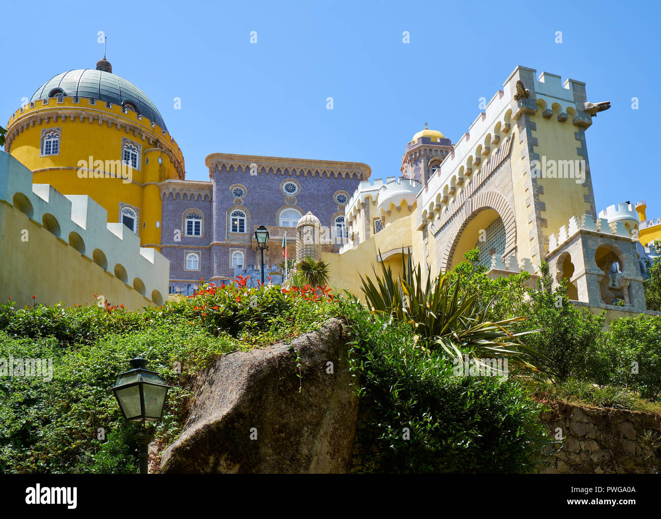 The view up to the Pena Palace - a Romanticist, colourful castle stands ...