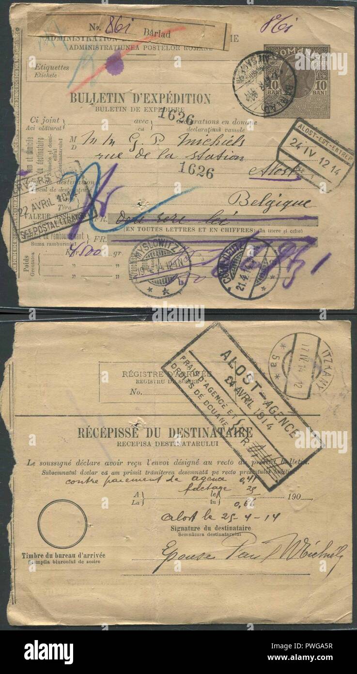 Bulletin d'expédition 1914 Romania Barlad to Belgium 1914 Stock Photo ...