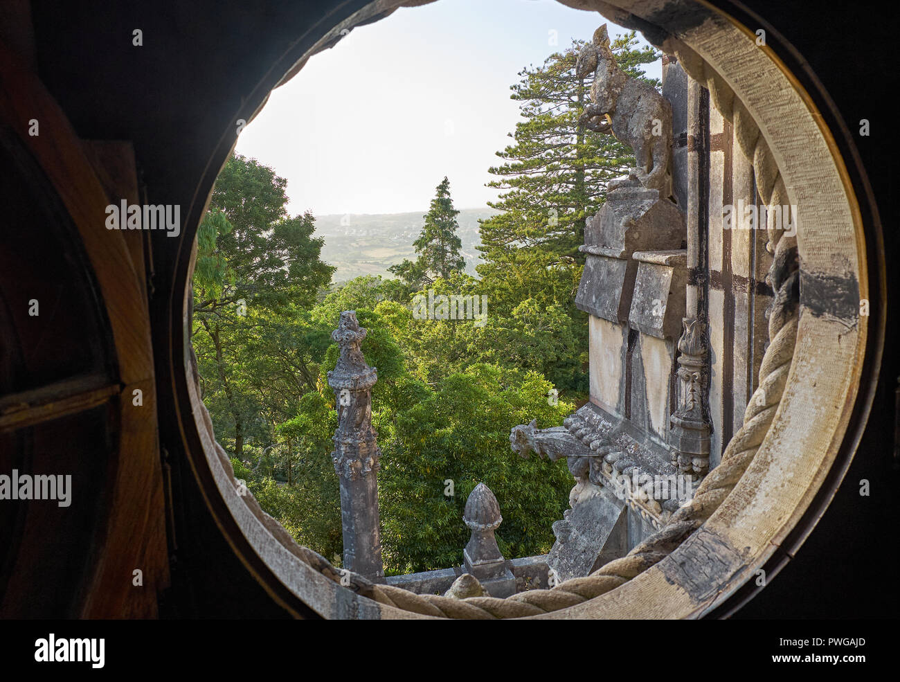 The view of outer balcony with curious sculptures of different animals ...