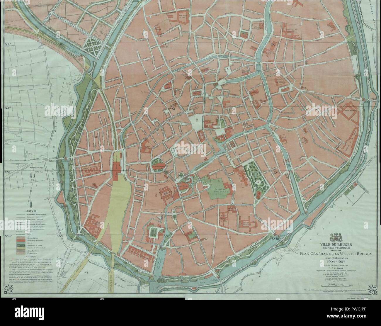 Brugge, Belgium, Algemeen stadsplan Stad Brugge, Dienst der Werken 1904 ...