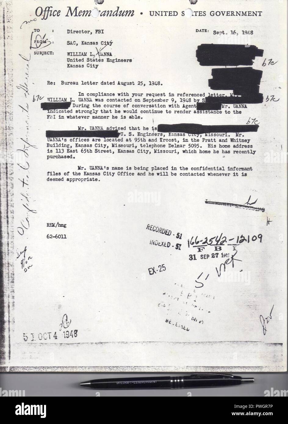 Bud Uanna AEC AFSWP Appreciation Letter J. Edgar Hoover p.2 Stock Photo ...