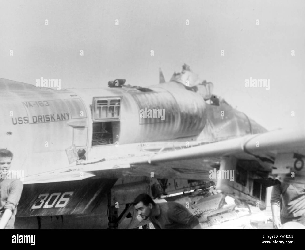 Burnt A-4E Skyhawk of VA-163 on USS Oriskany (CVA-34) in October 1966 ...