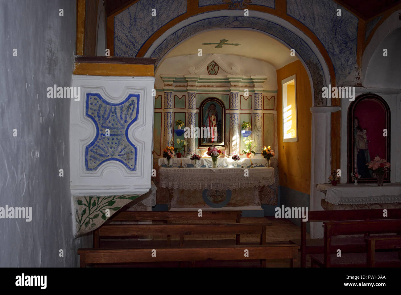 Interior of a remote small humble chapel of the Alentejo plain ...