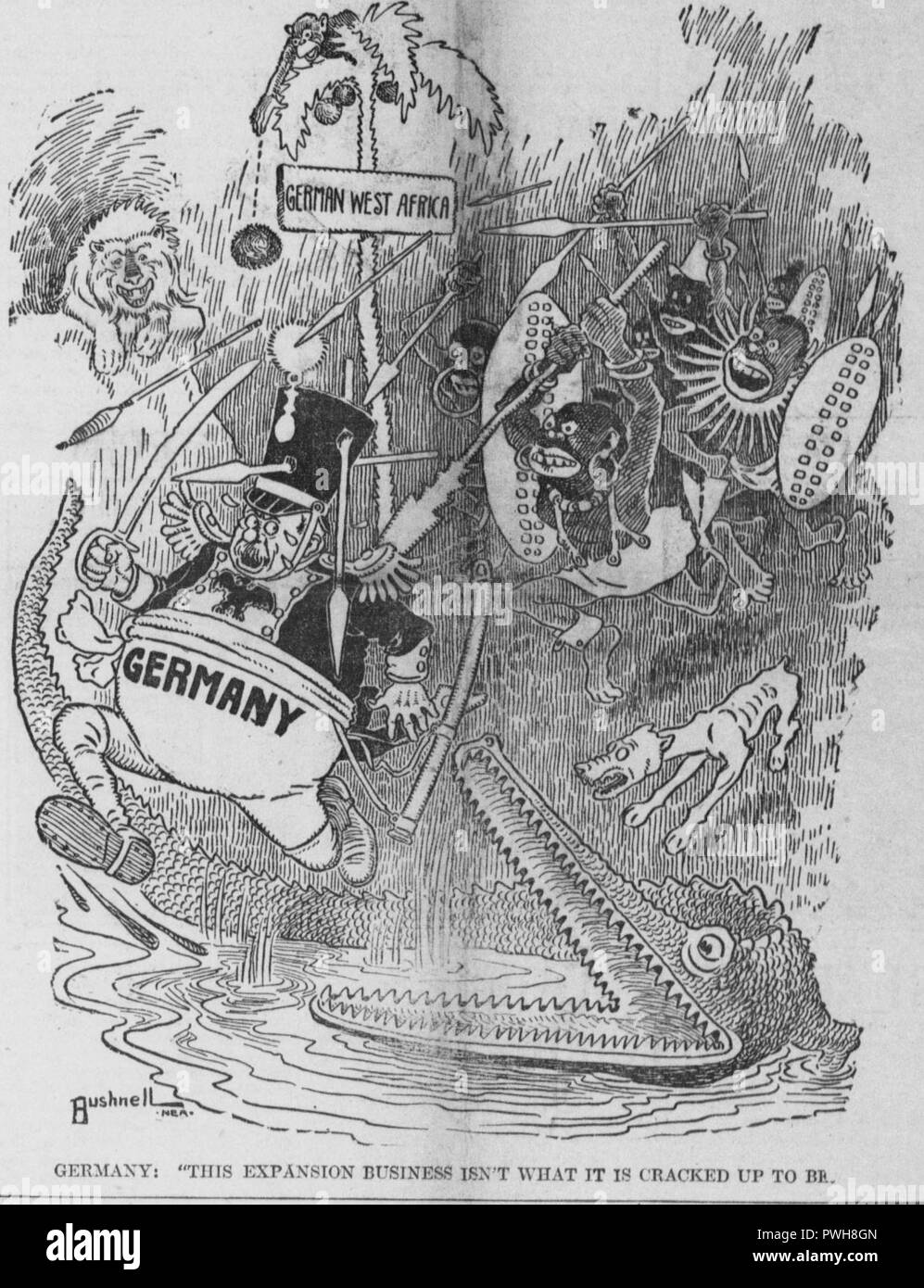 Bushnell cartoon about Germany fleeing from Africa Stock Photo - Alamy