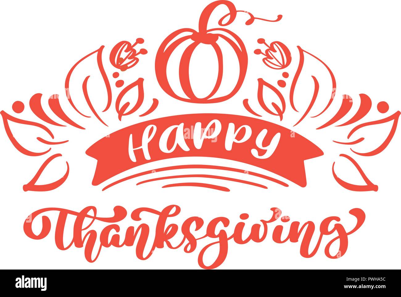Happy Thanksgiving Calligraphy Text with pumpkin and leaves vector ...
