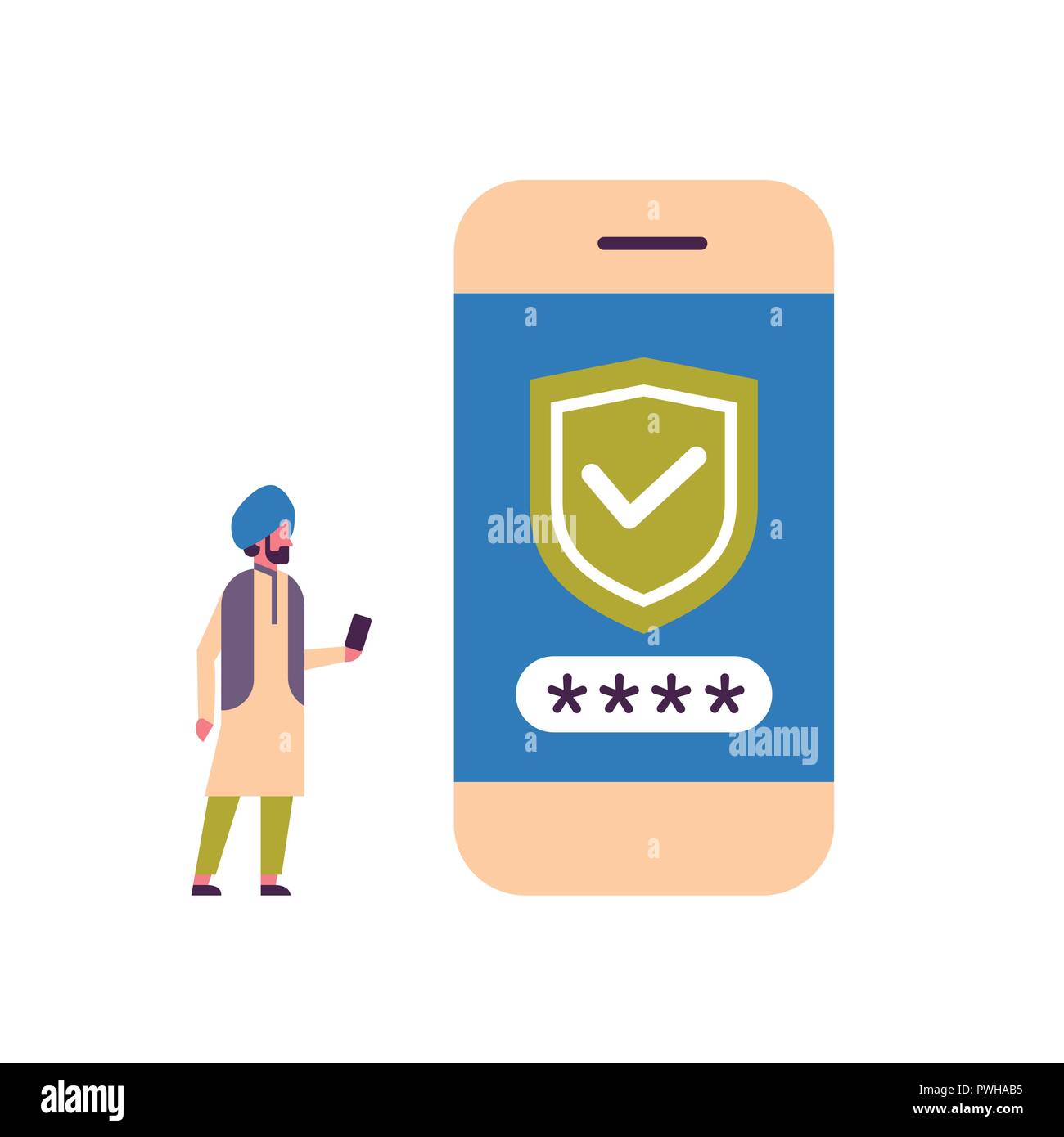 indian man unlock smartphone verification mobile security app access concept flat full length ...
