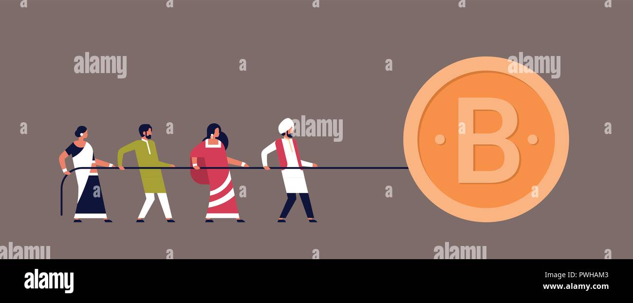 indian people team pulling rope bitcoin mining concept cartoon ...