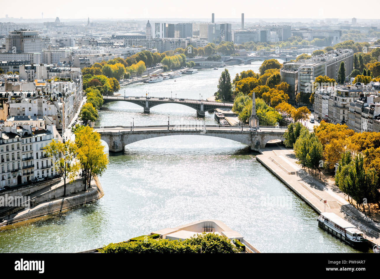 Aerial panoramic view of Seine river from the Notre-Dame cathedral ...