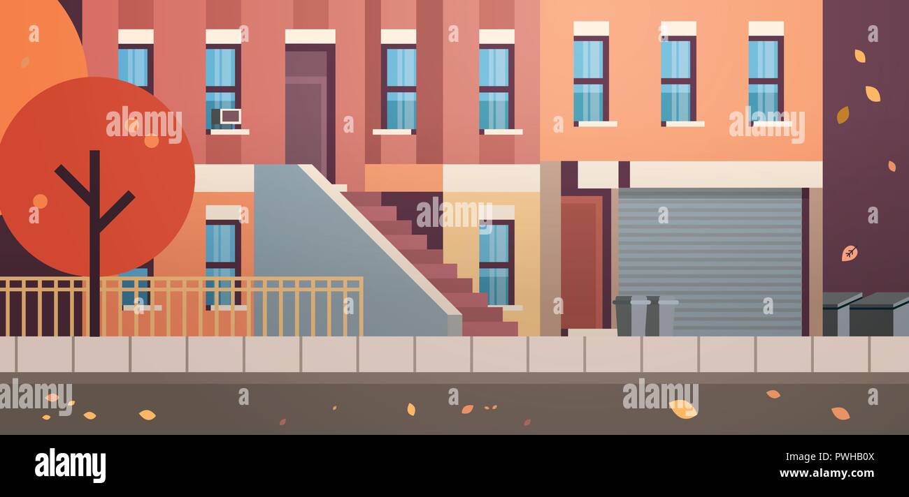 city building houses facade view autumn street leaves fall real estate ...