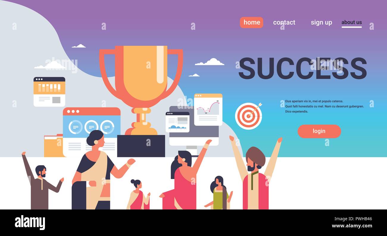 successful indian people group holding winner cup trophy first place ...