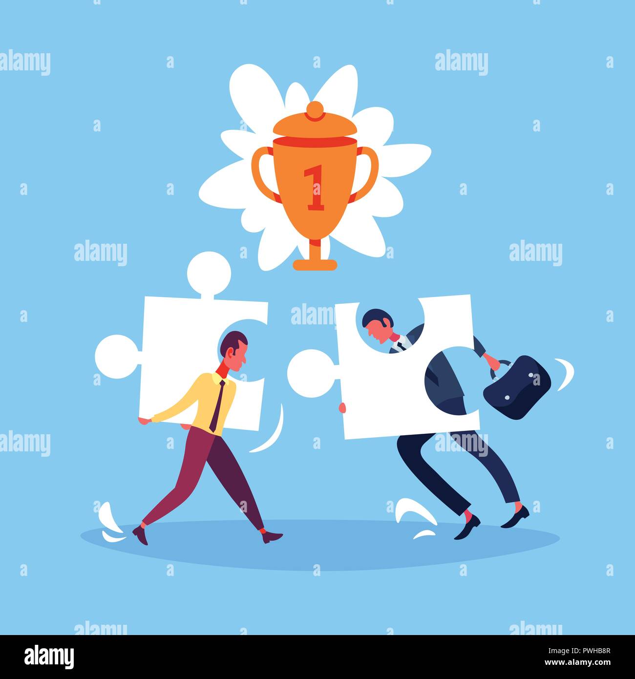 two businessman putting puzzle parts successful winner champion ...