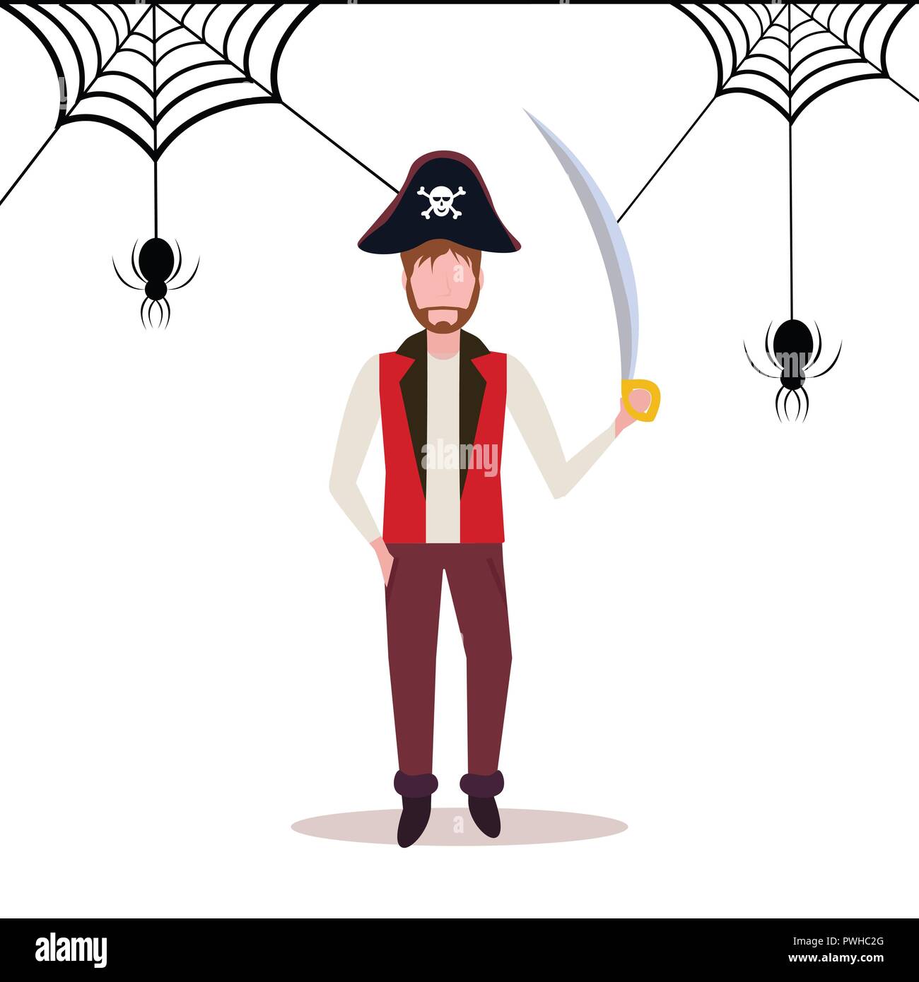 man wearing pirate costume holding sword spider web background happy ...