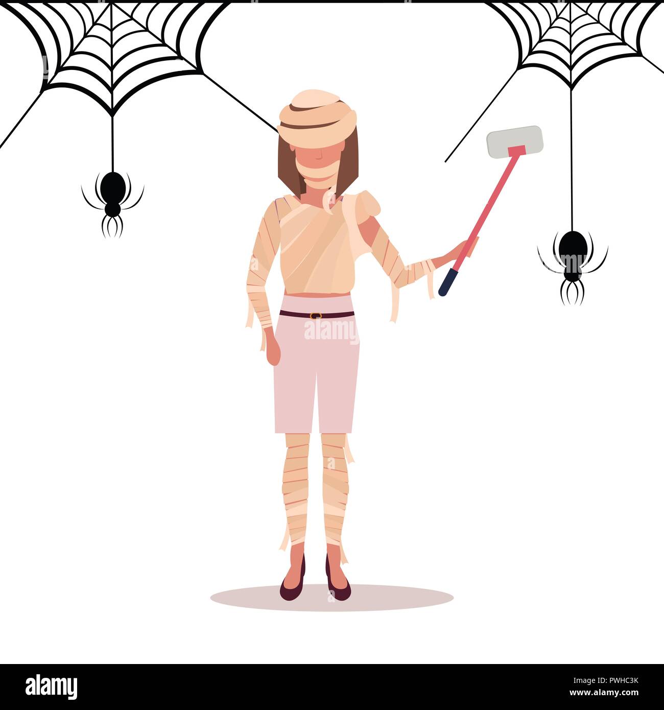 woman wearing mummy costume taking selfie happy halloween concept ...