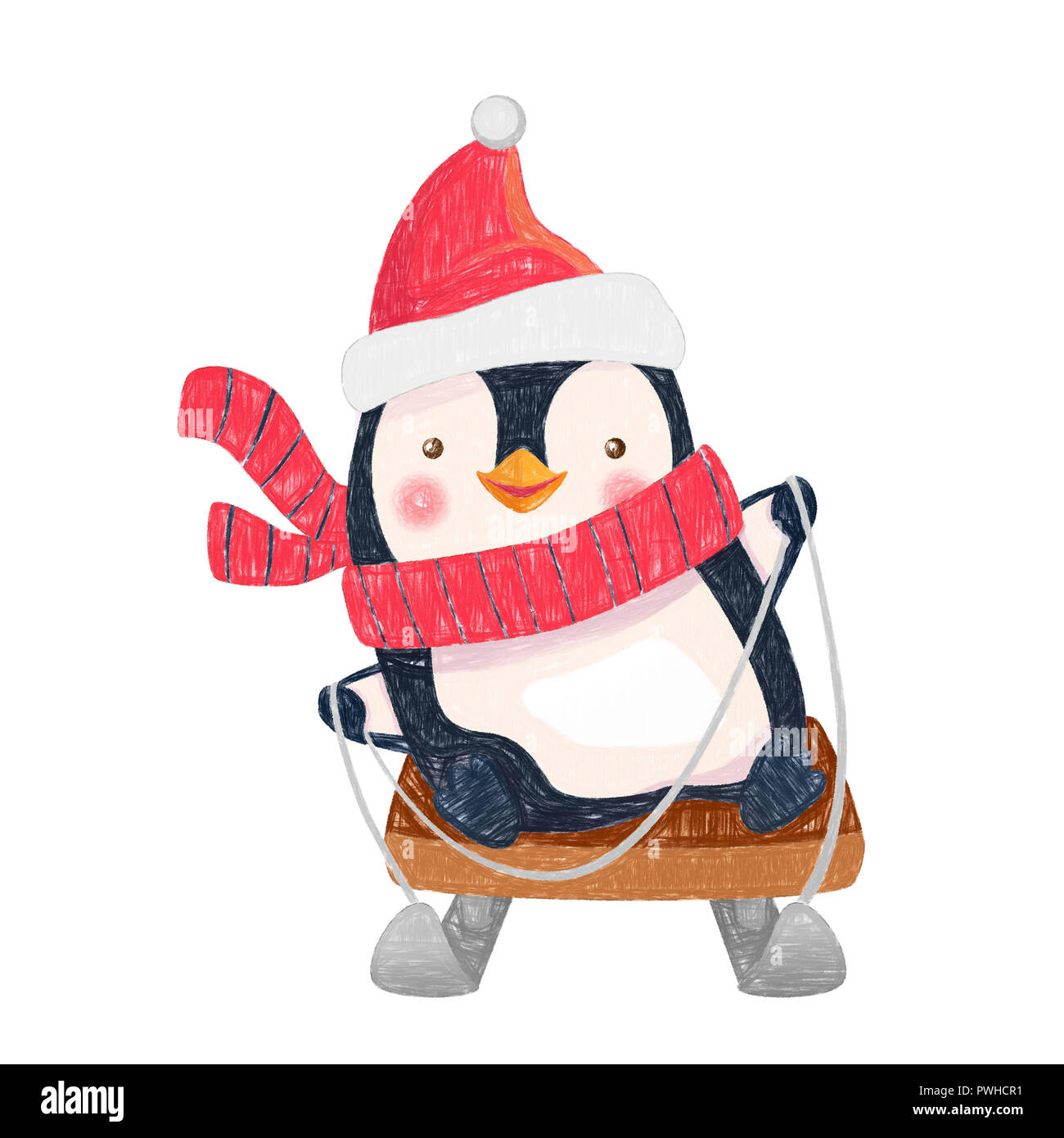 Penguin on sled. Penguin cartoon illustration Stock Photo - Alamy