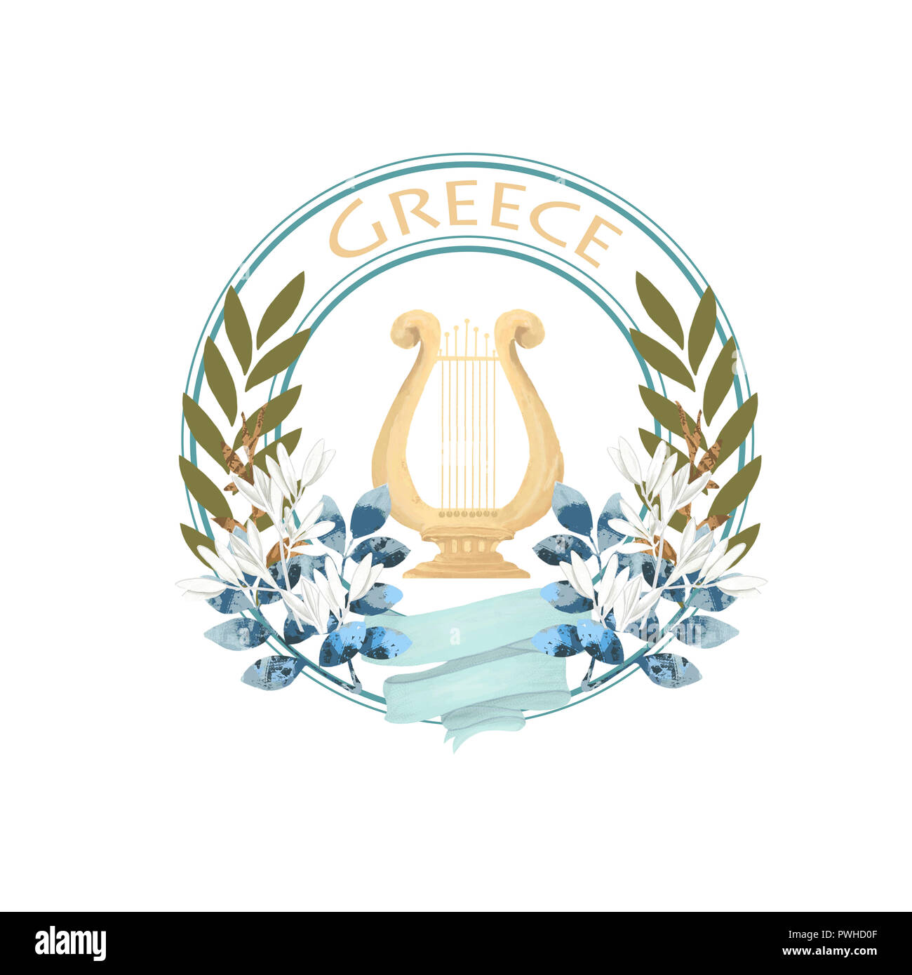 Vintage ancient Greece label with olive harp and ribbon color bouquet ...