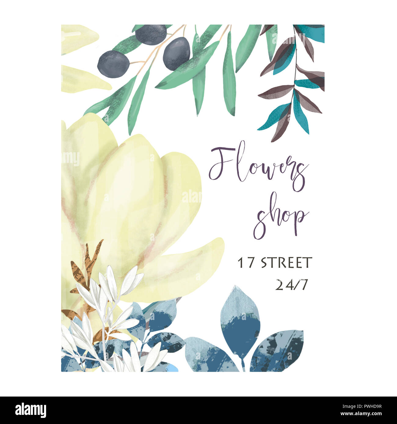 Watercolor flowers shop templates. Cover design with olive leaves ...