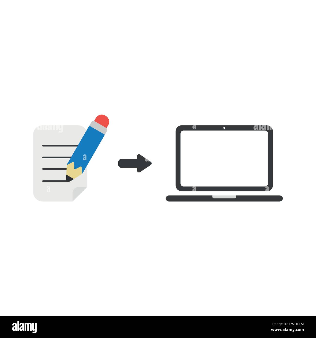 Vector illustration icon concept of pencil writing on paper with laptop ...