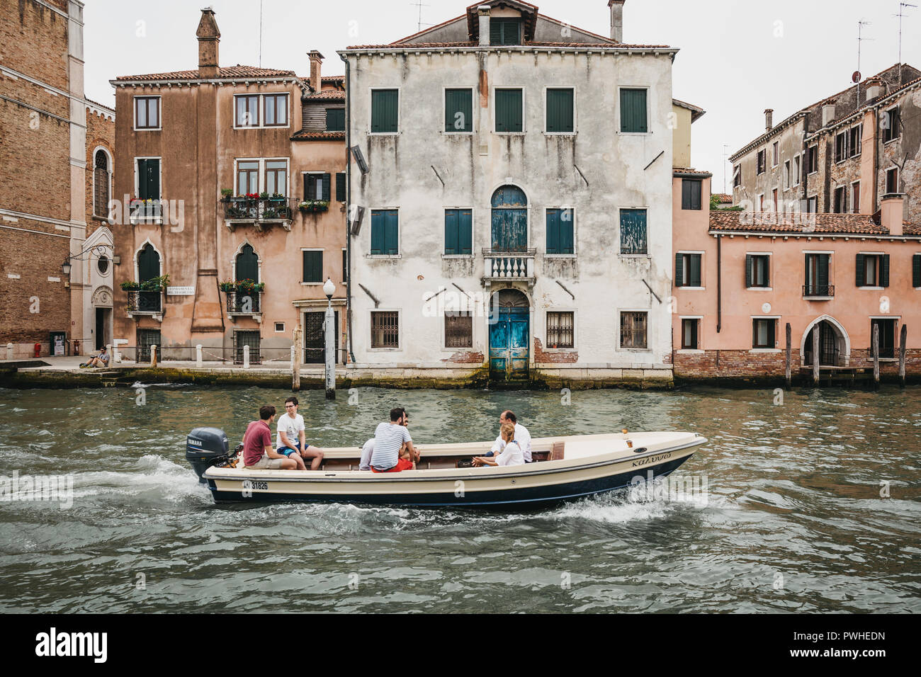 Venice, Italy - July 02, 2017: Speed boat on Grand Canal in Venice with ...