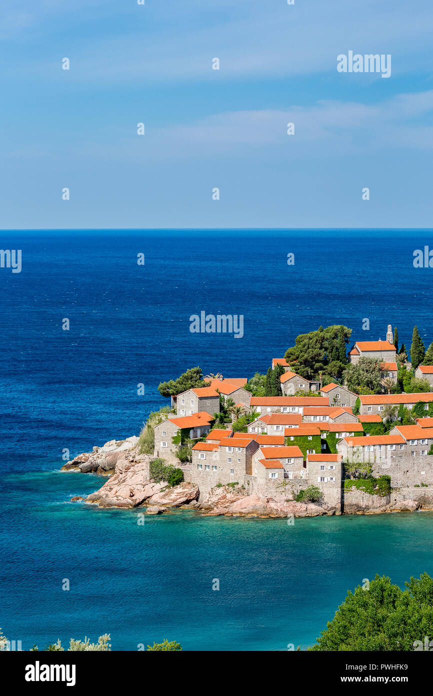 Springtime blue water landscape view of St. Stephan island in Adriatic ...