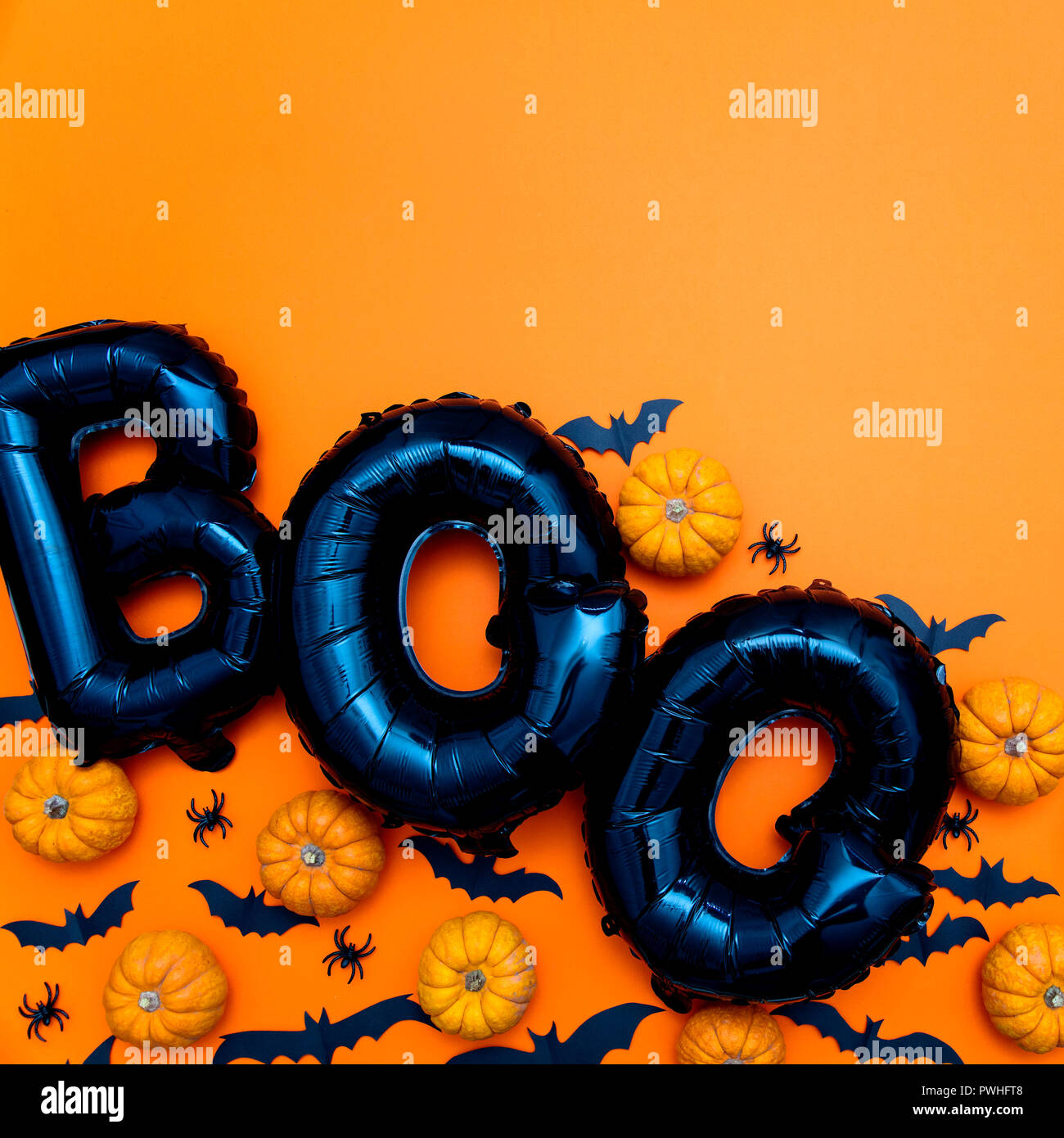 Halloween balloon word boo with pumpkins and bats Stock Photo - Alamy