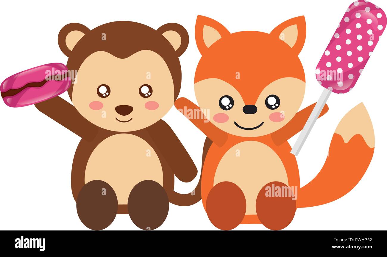 cute fox and monkey sweet macaron lollipop vector illustration Stock ...