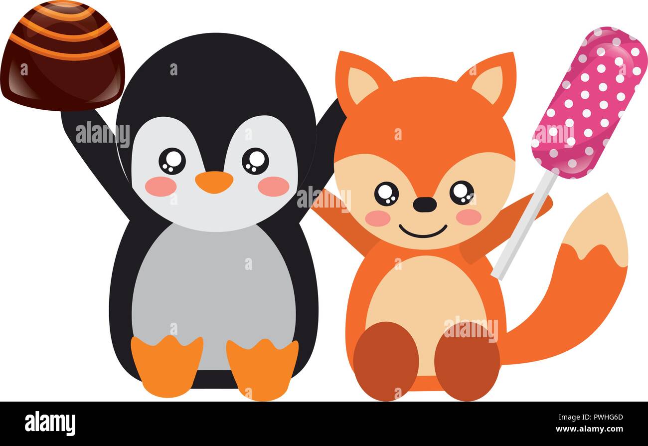 cute fox and penguin sweet candy chocolate vector illustration Stock ...