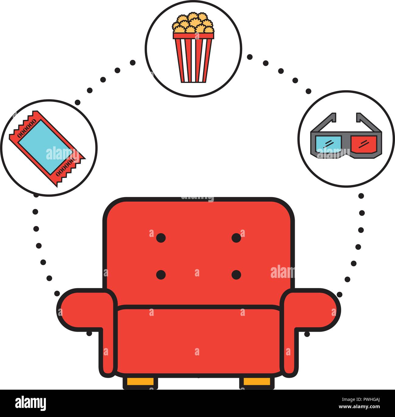 sofa ticket popcorn cinema movie vector illustration Stock Vector Image ...