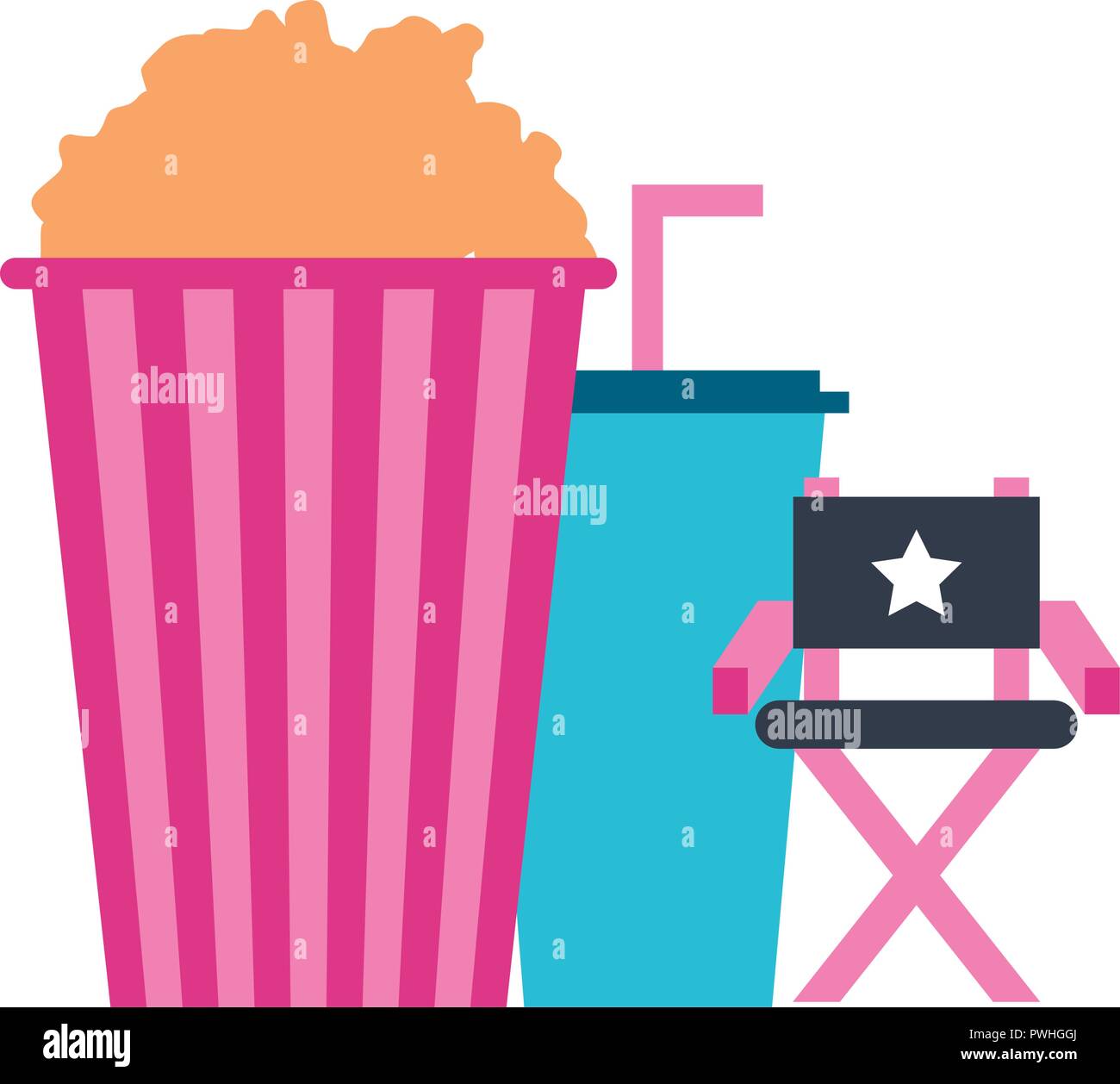 cinema popcorn soda and director chair movie film vector illustration ...