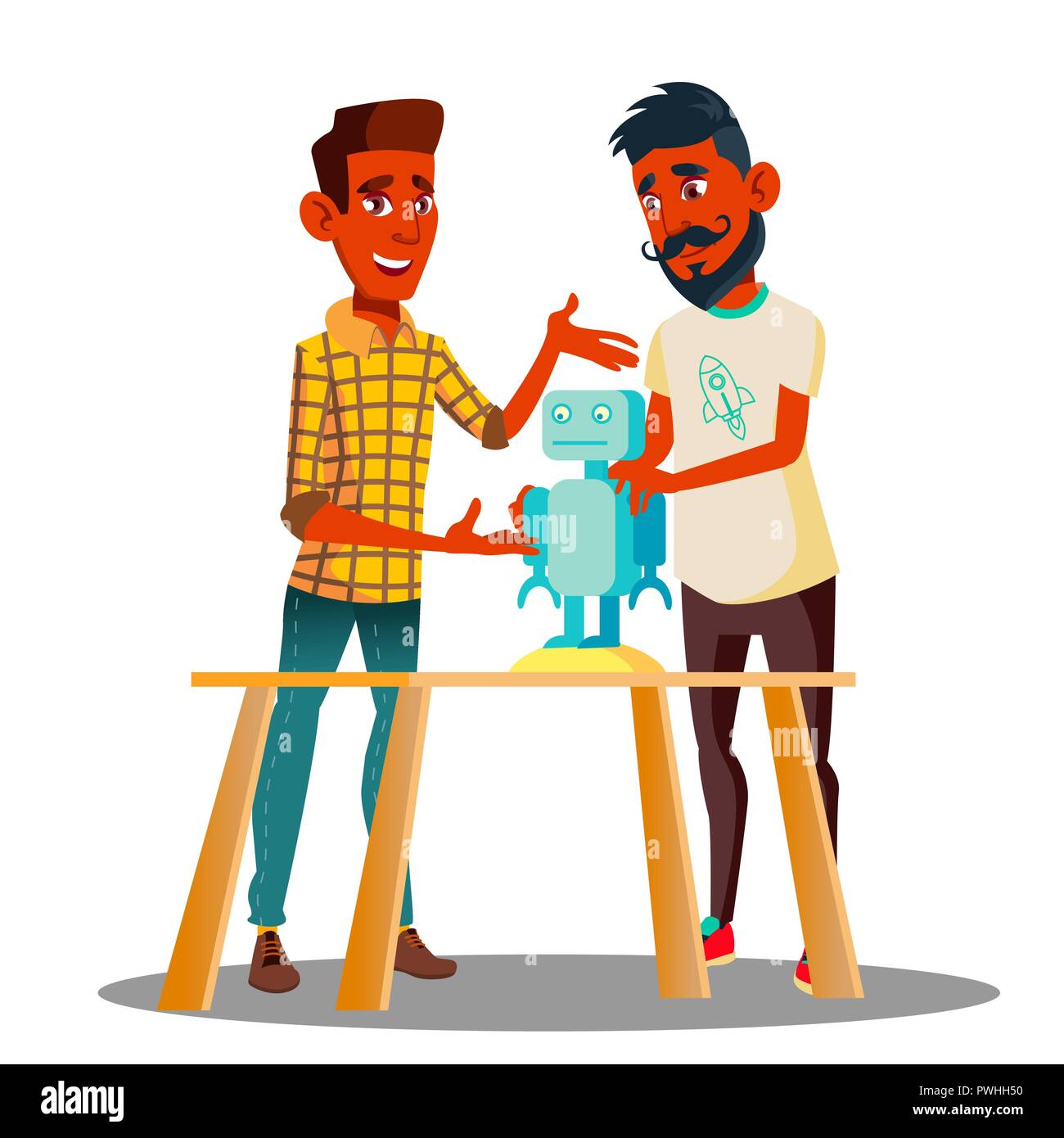 Two Smart Students Constructing A Robot In Classroom Vector. Isolated ...