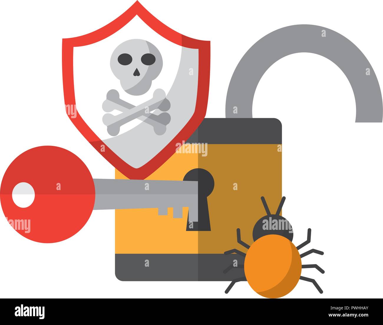 open padlock key virus danger data protection vector illustration Stock ...