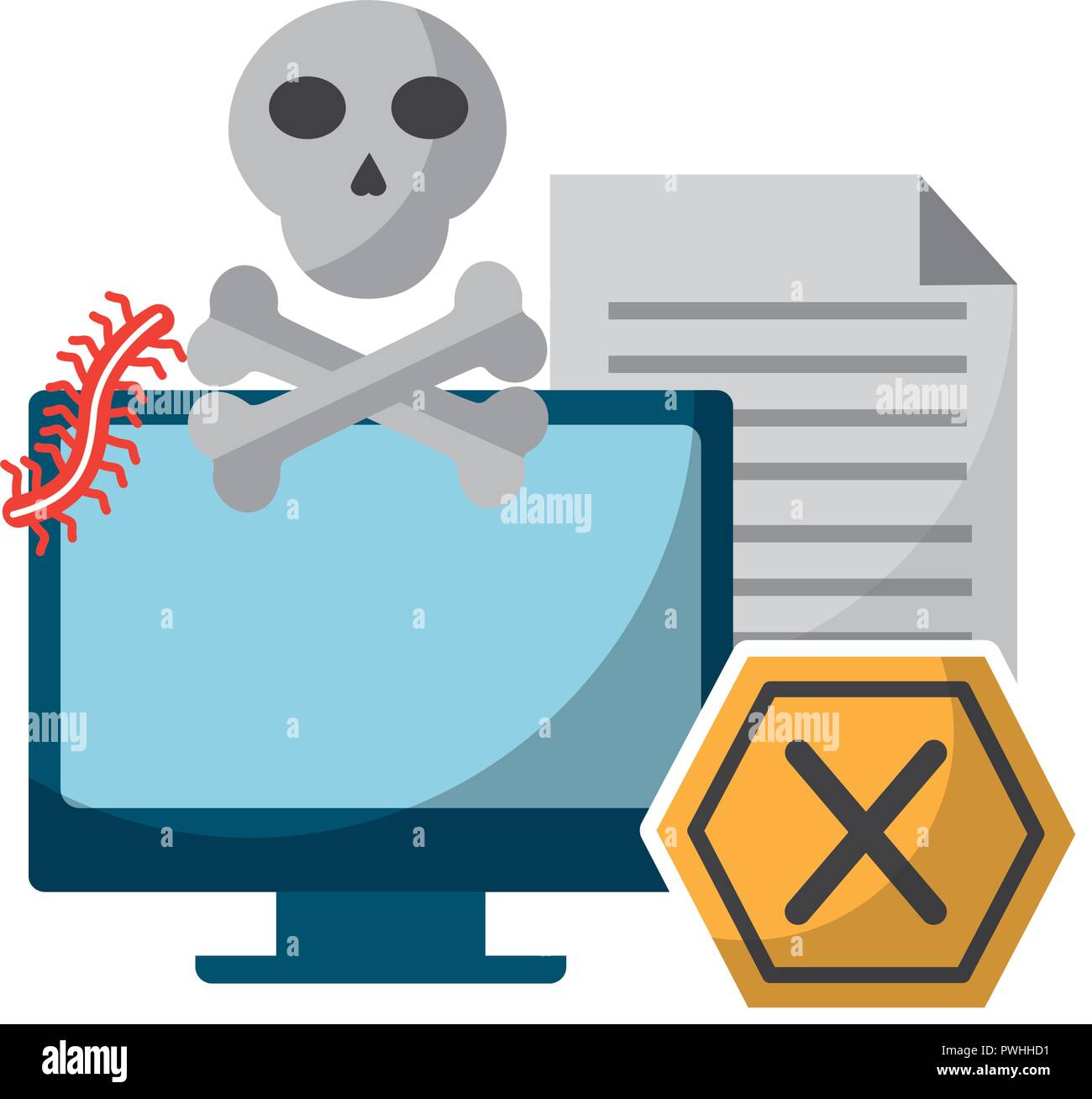 data protection computer danger skull alert file vector illustration ...