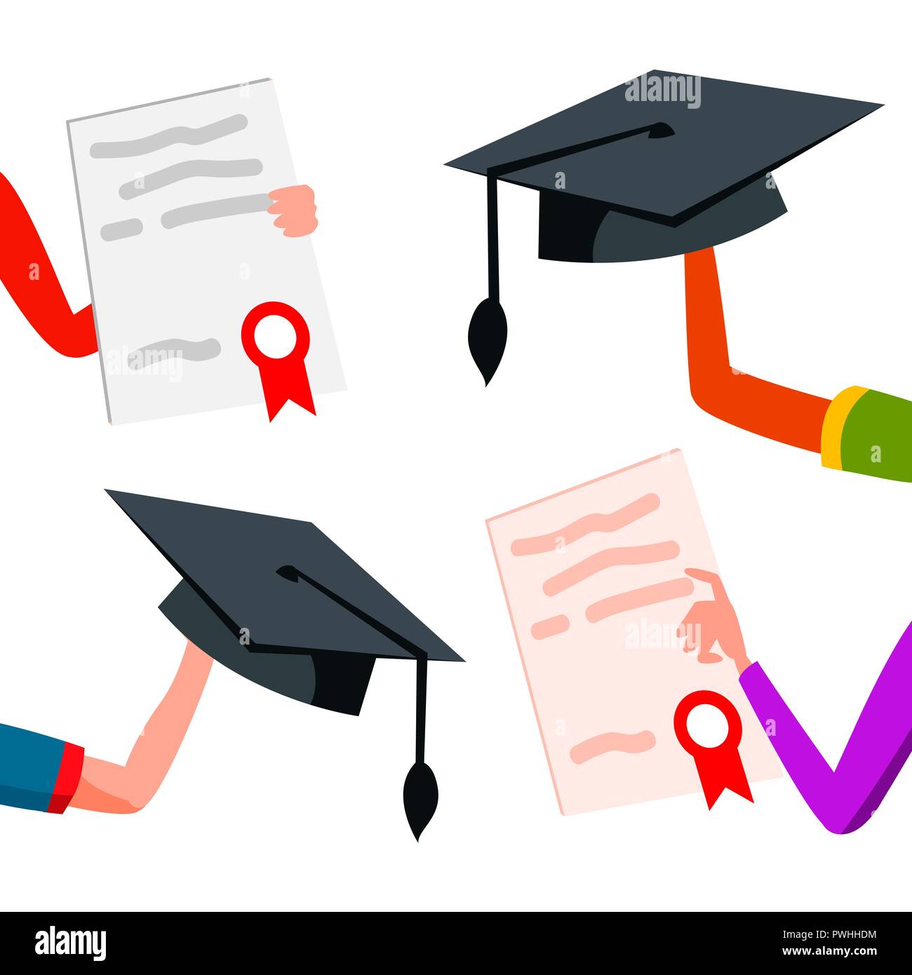 Student Hands Raised Up With Graduation Caps And Diplomas Vector ...