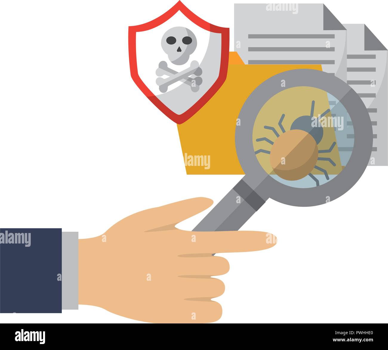 hand holding magnifying glass virus detected files vector illustration ...