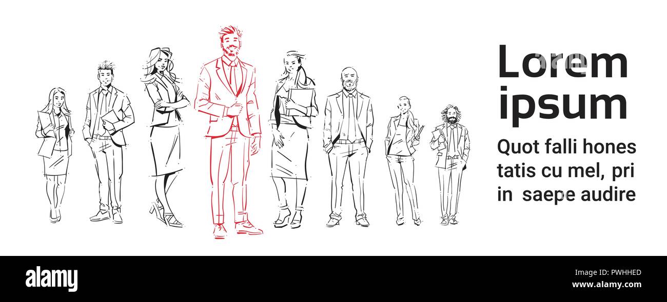Sketch businesspeople team stay on white background, leader in front of ...