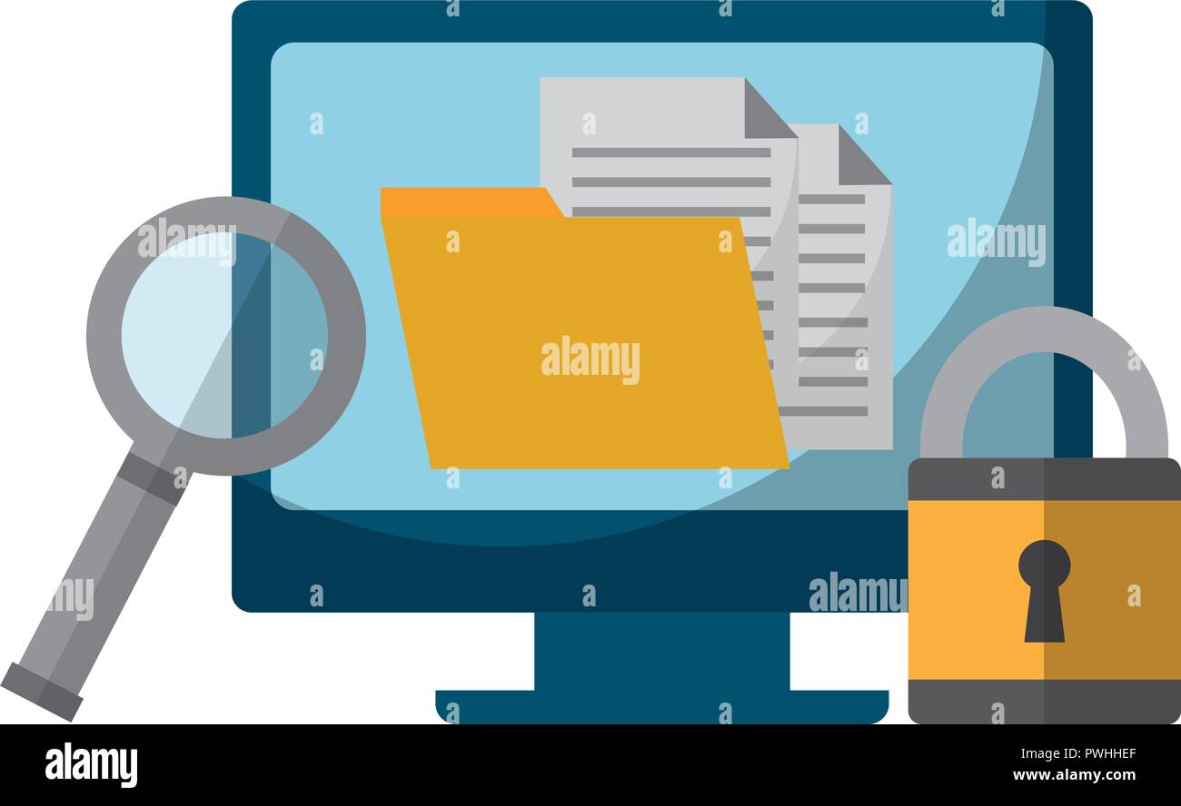 data protection computer padlock magnifying glass vector illustration ...