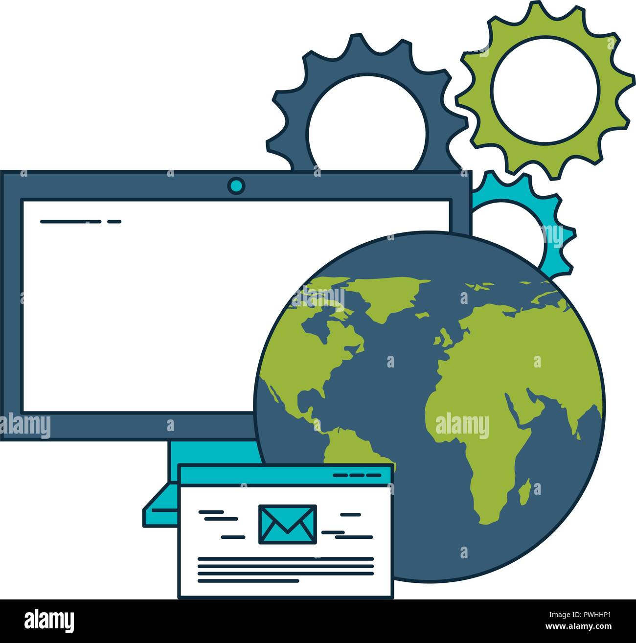 business world computer email communication gears vector illustration ...