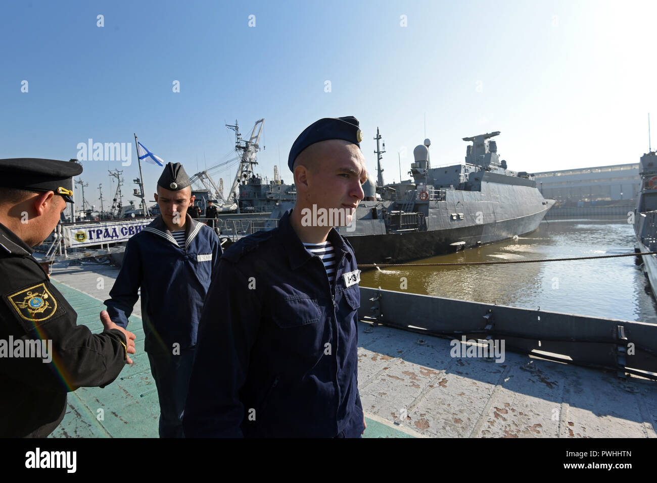 Russian Navy officers at the pier at the Caspian Flotilla’s naval base ...