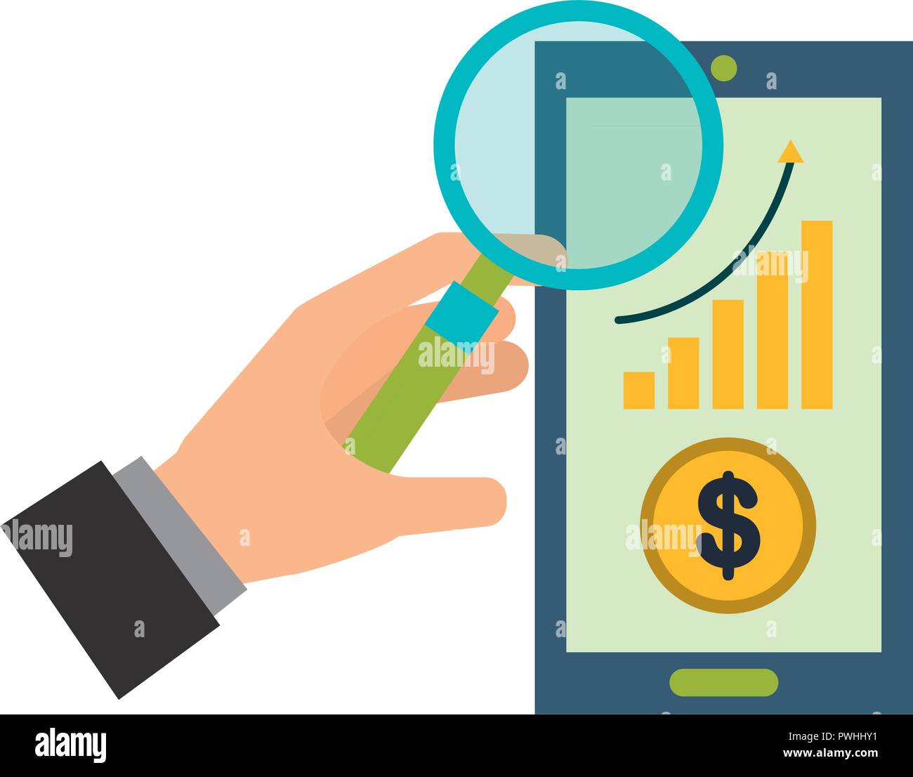 hand magnifying glass smartphone financial business vector illustration ...