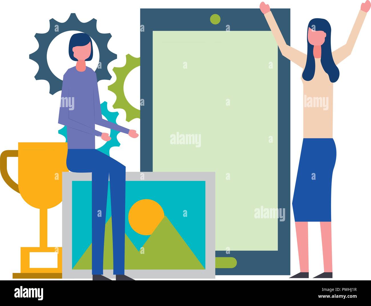 business women smartphone trophy success vector illustration Stock ...