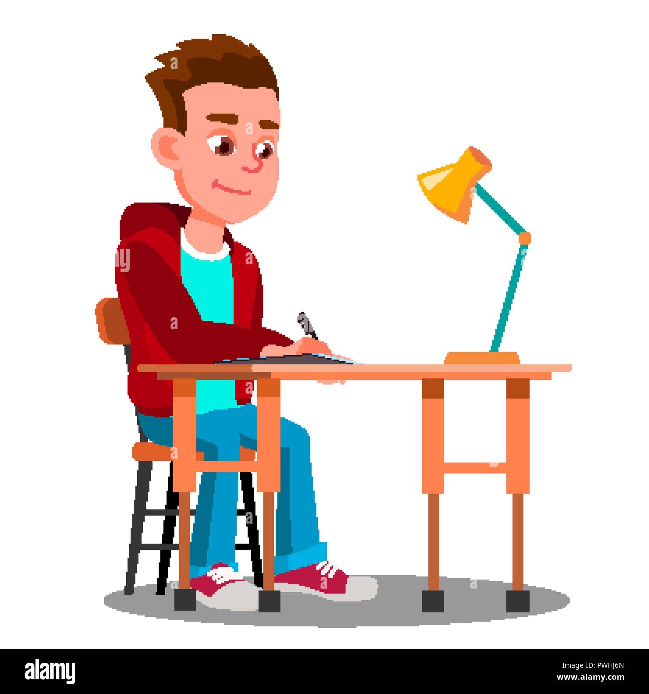 Writing Boy At The Table With Desk Lamp Vector. Isolated Illustration ...