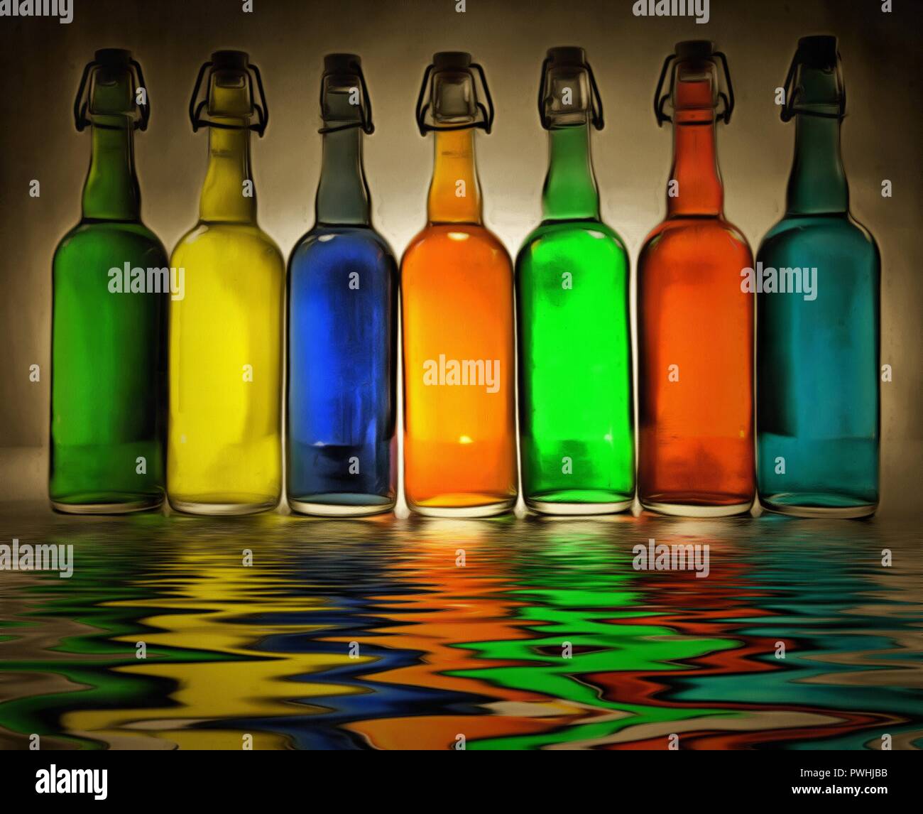 Modern art. Colorful bottles reflects in the water Stock Photo - Alamy