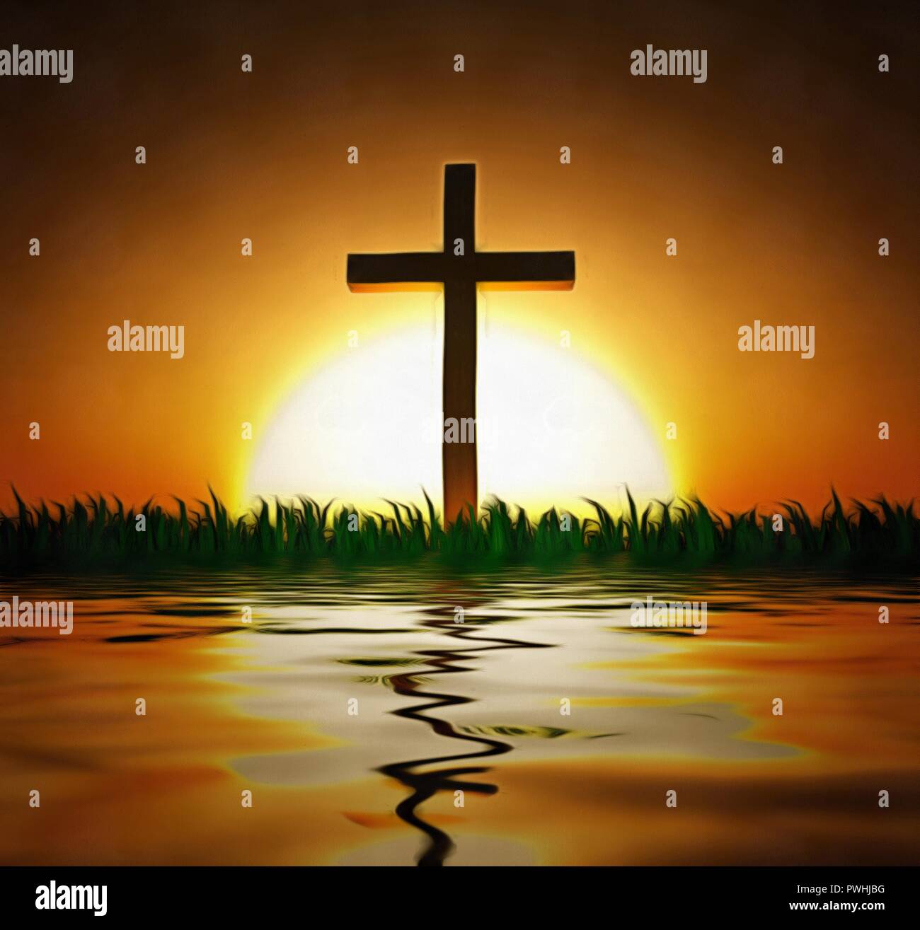 Surrealism. Cross on a sunset Stock Photo - Alamy