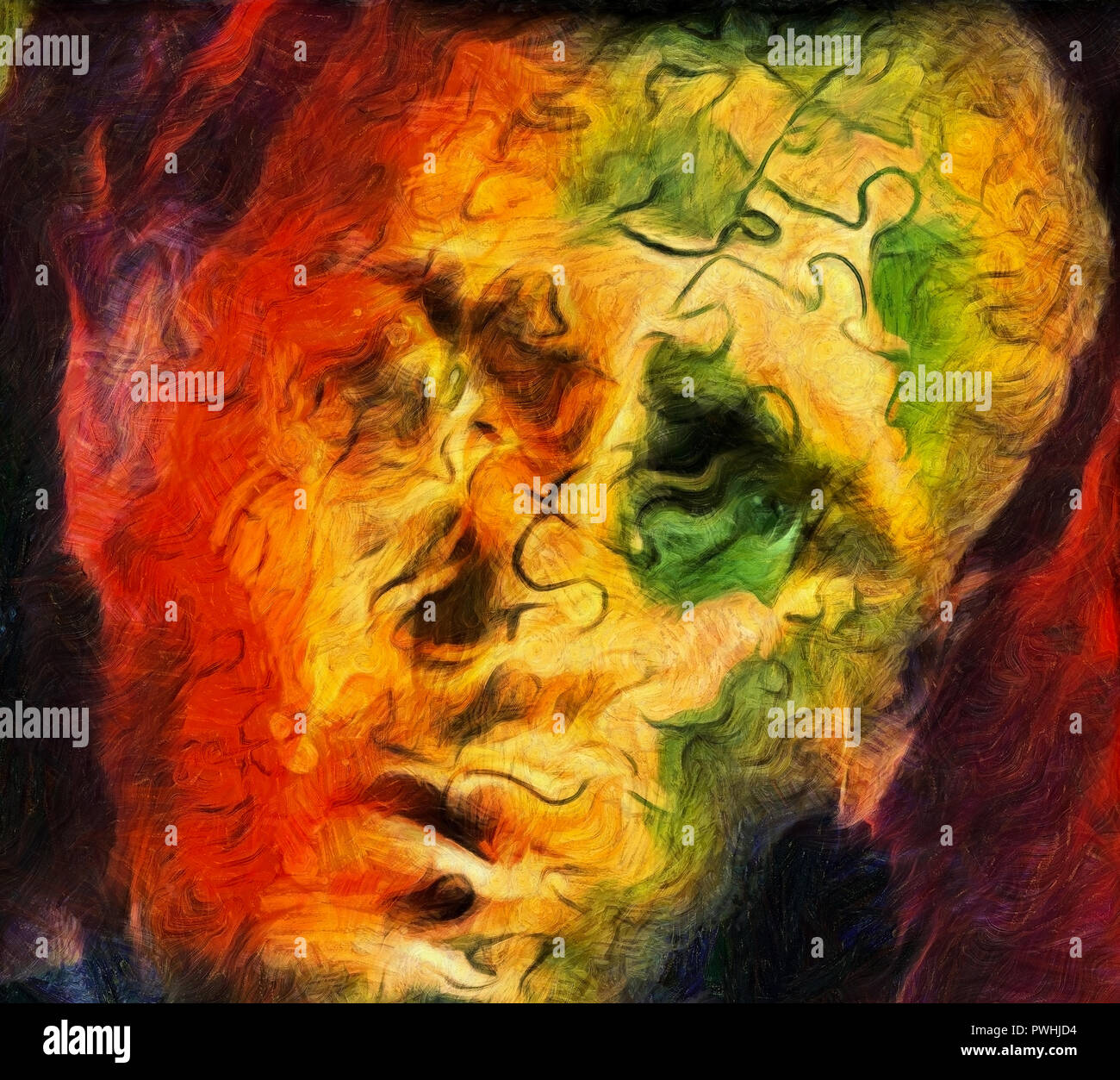 Surreal oil painting. Fear on man face Stock Photo - Alamy