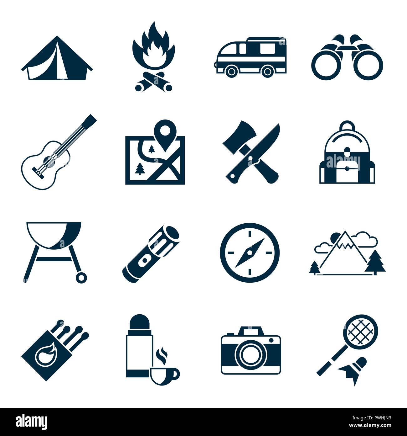 Digital vector summer camping sport activities simple icons set ...