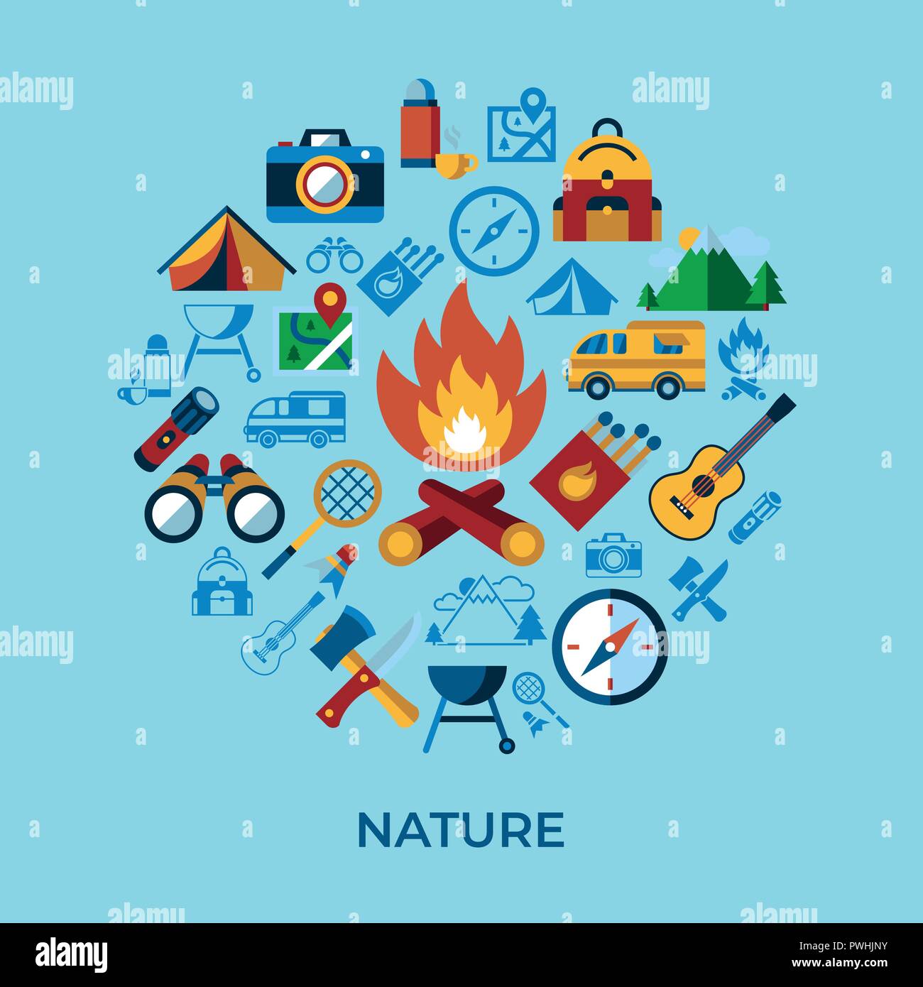 Digital vector summer camping sport activities simple icons set ...