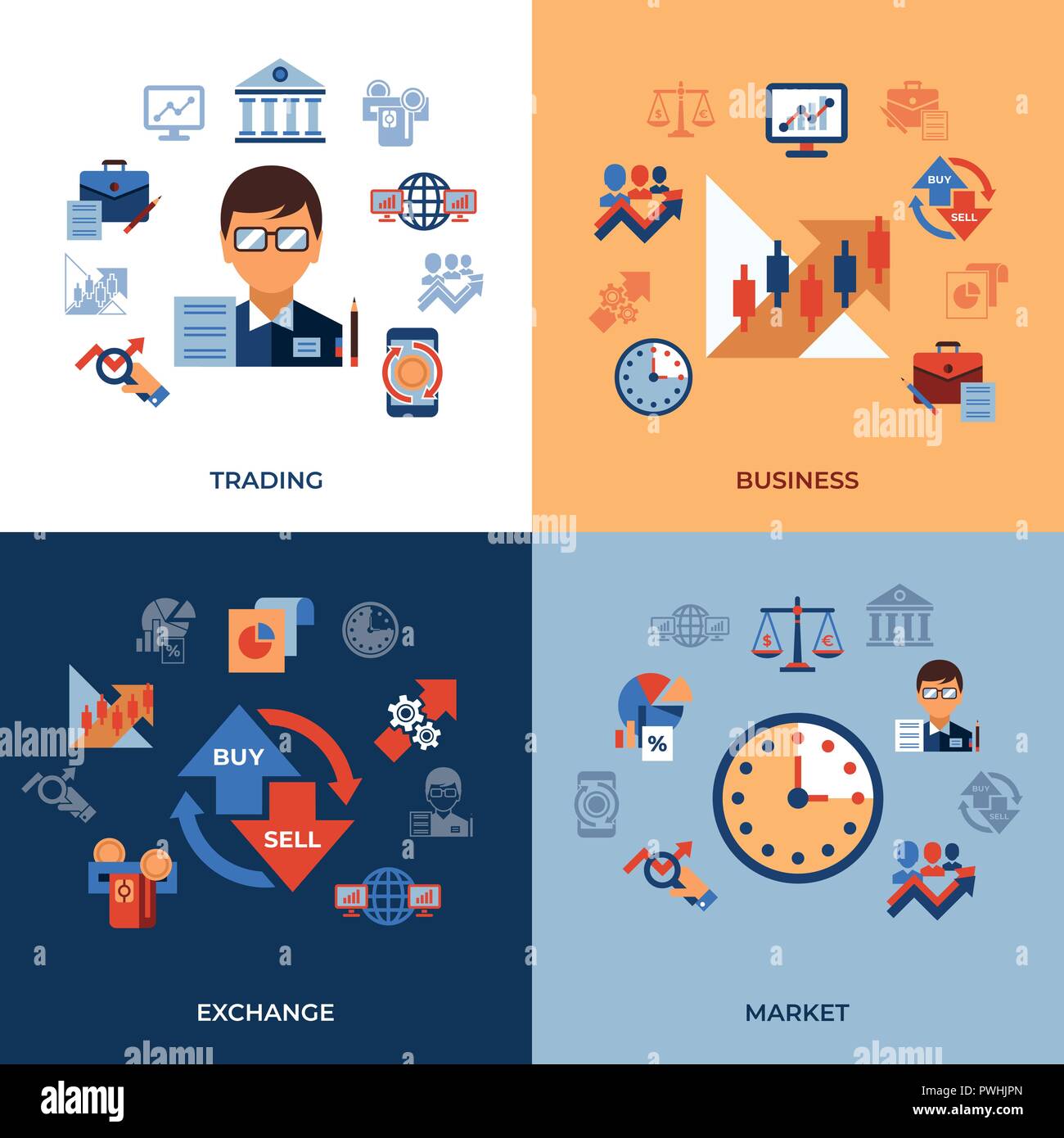 Digital vector financial trading market exchange simple icons set ...