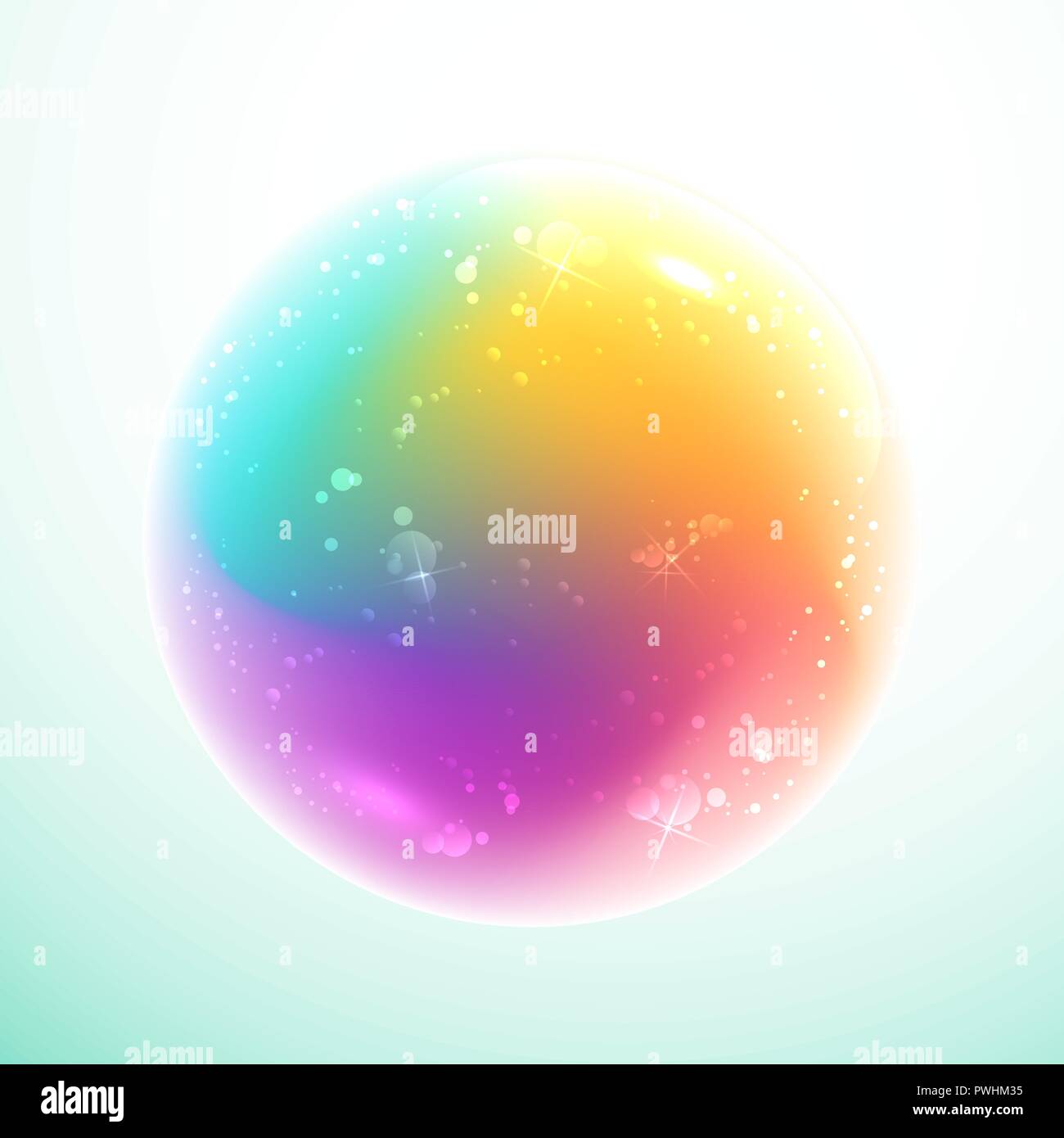 Abstract rainbow magic ball with bubbles inside on light blue ...