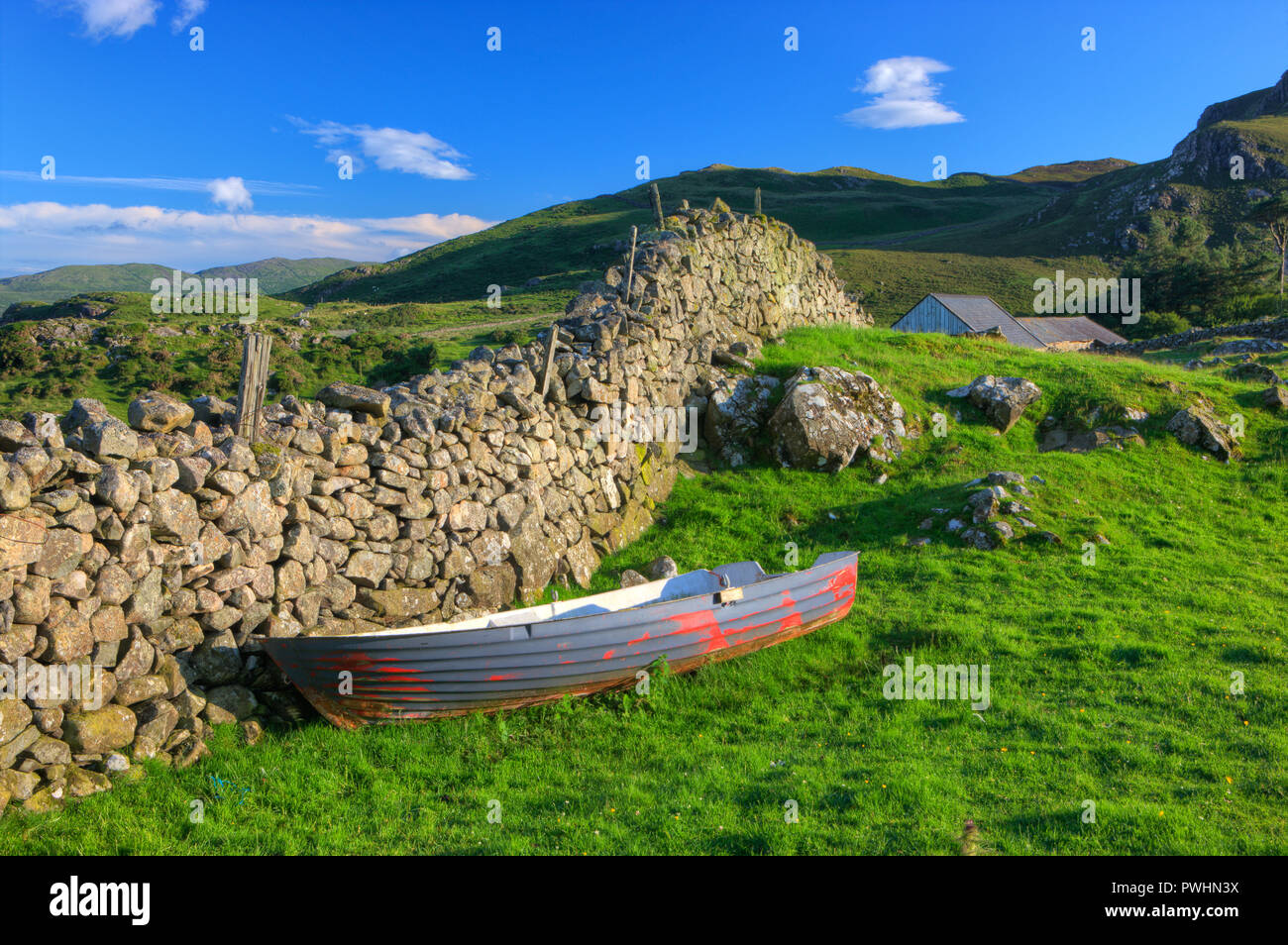 An old fishing boat left in a field and used as a water trough for the ...