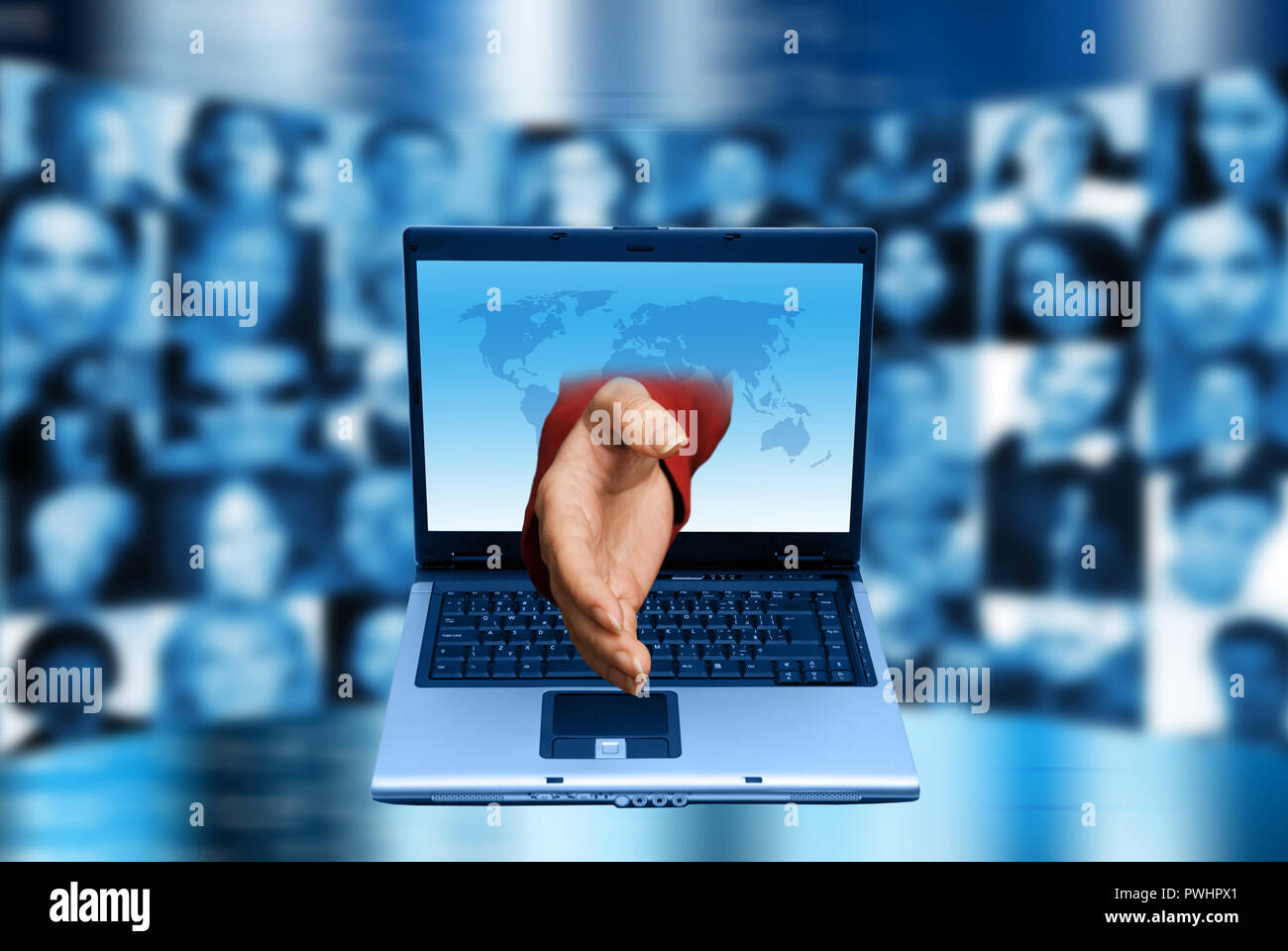 hand coming out of a computer screen, in handshaking gesture, social ...